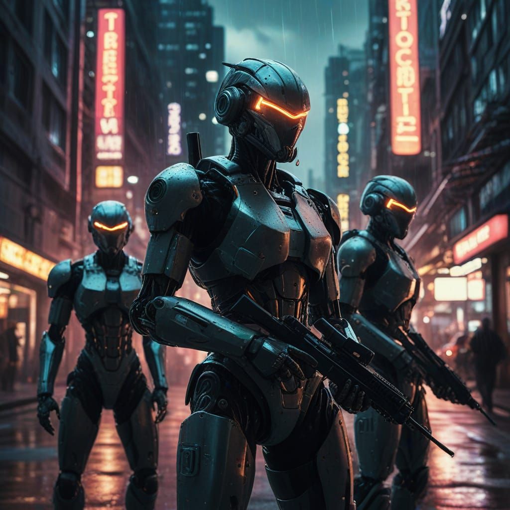 Combat Cyborg Targets Young Woman in Neon-Lit Alle... - AI Art