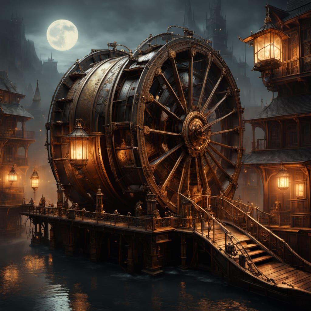 steampunk waterwheel, - Surreal Steampunk Waterwheel Scene ...