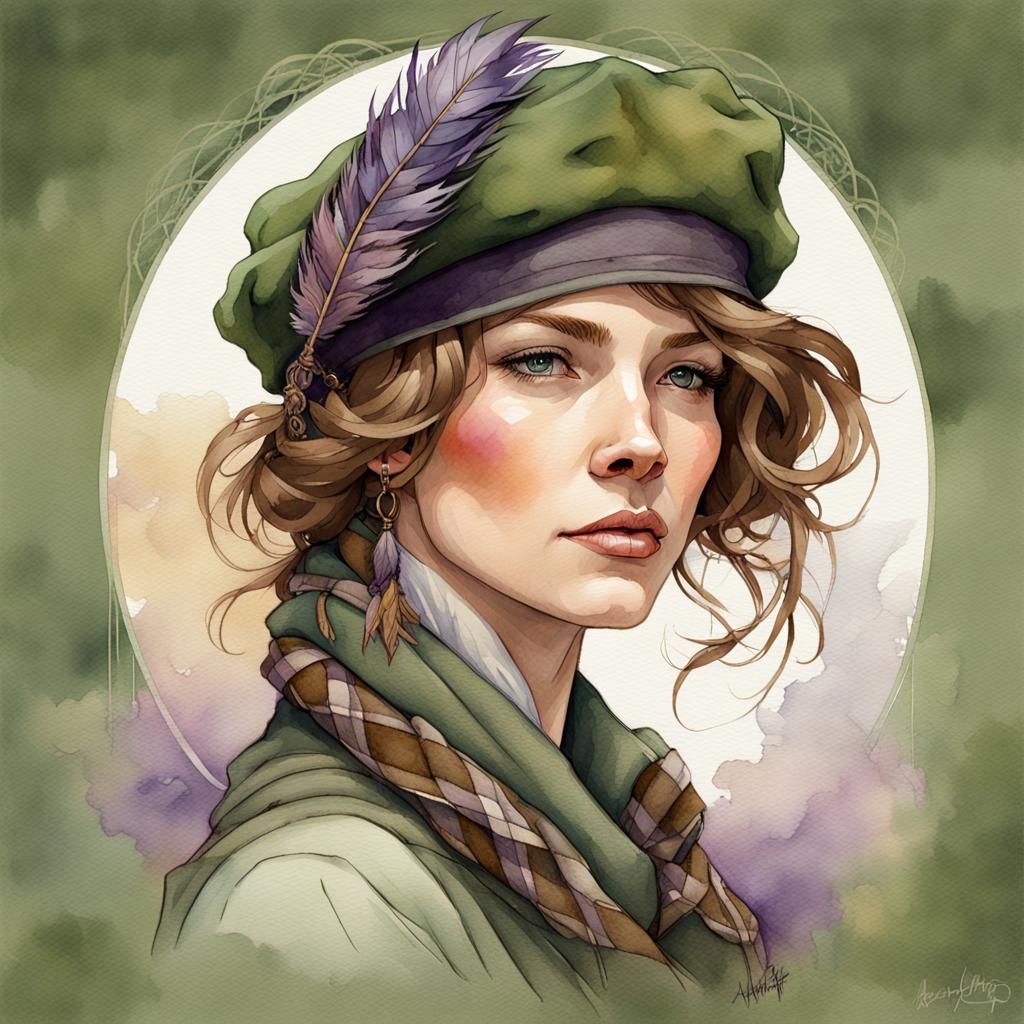 watercolor of a highland beautiful Celtic lady dressed in green and ...