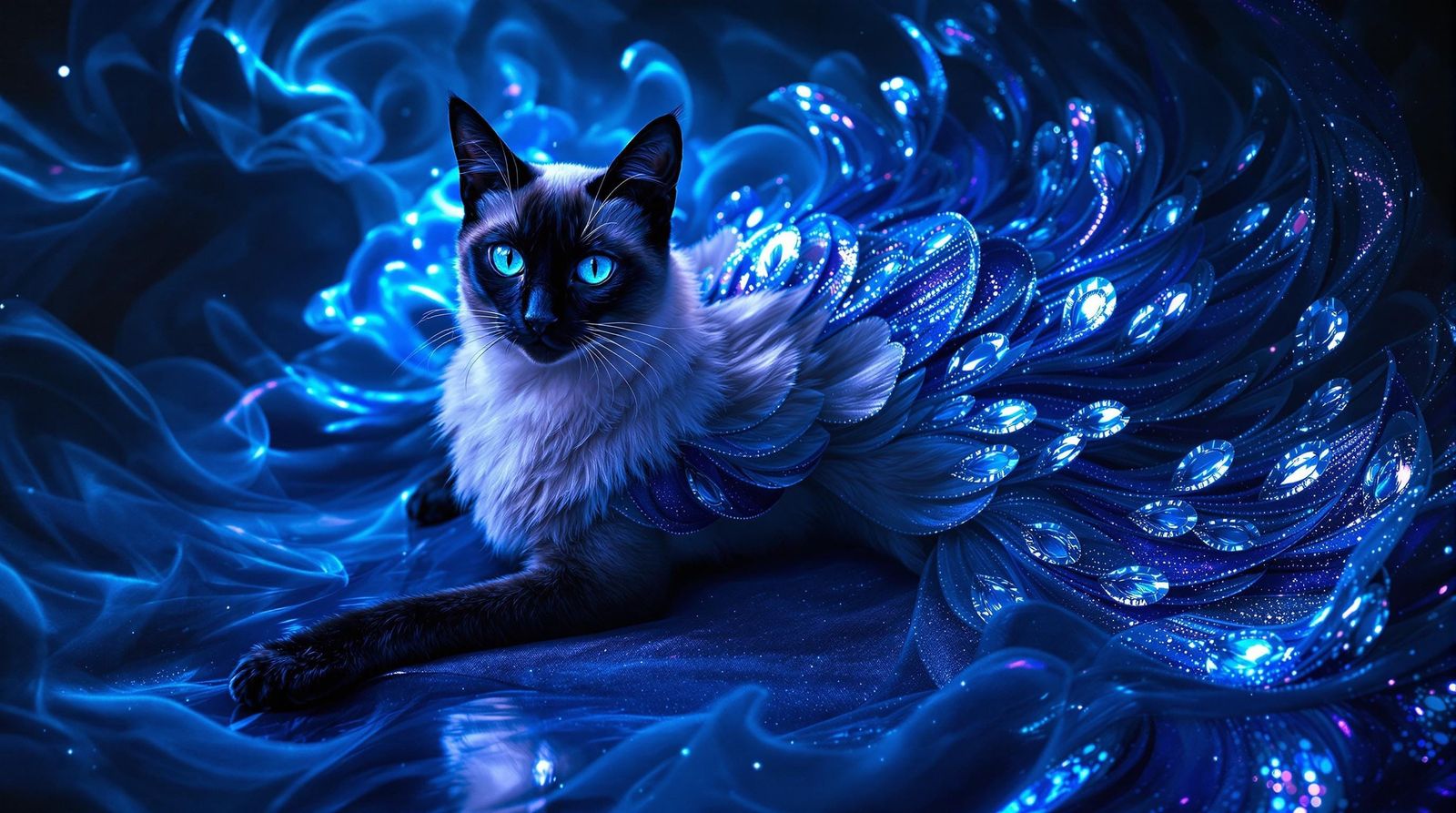 Peacock Cat - Sleek, Iridescent Cat in Dreamlike, Moonlit Re...