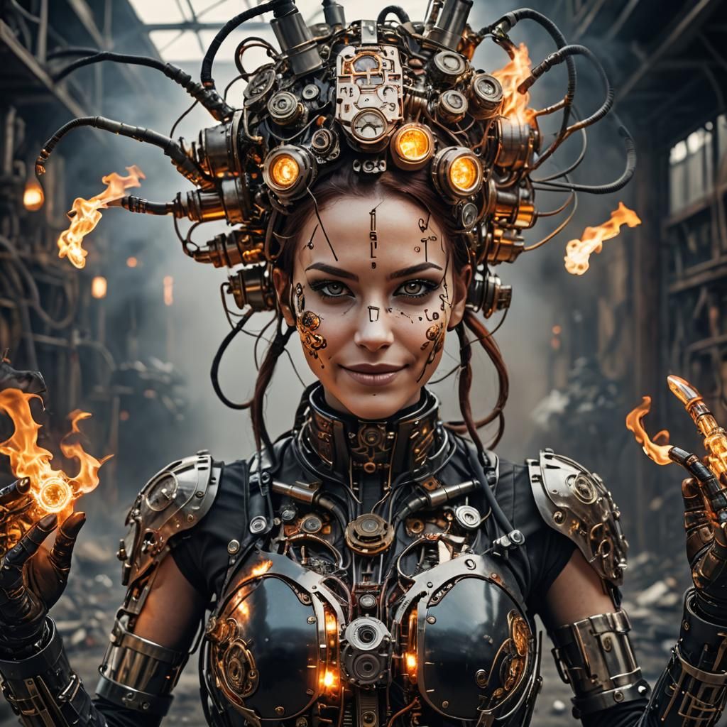 A steampunk humanoid cyborg girl made of circuits, gears, cables etc ...
