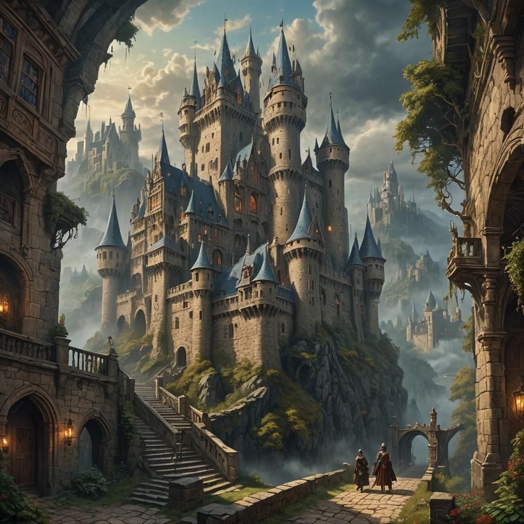 The Enchanted Castle: A grand, crumbling castle on a foggy hilltop ...