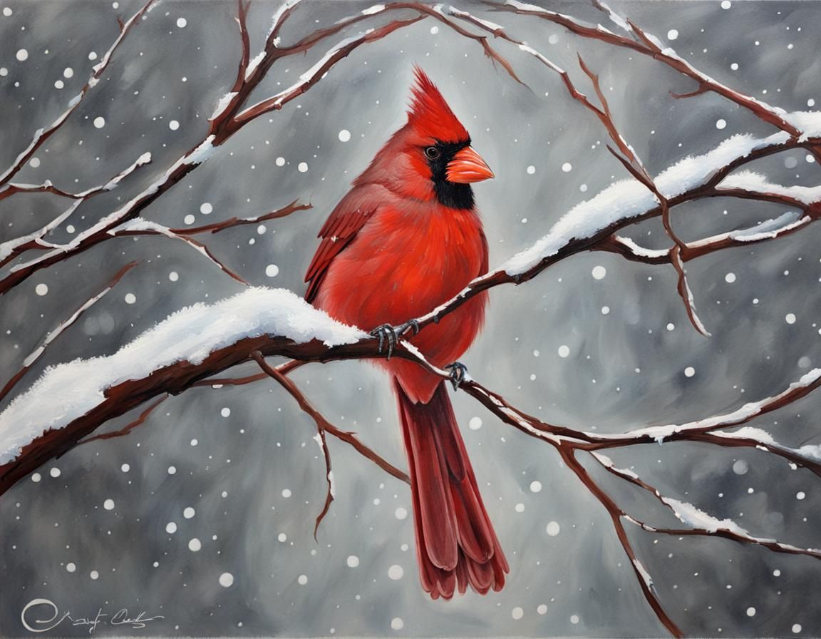 A painting of a male cardinal on a tree limb during a snow fall - AI ...