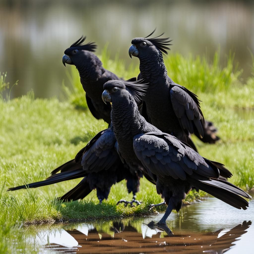 flock of Black Cockatoos taking water from a pond, during heat wave ...