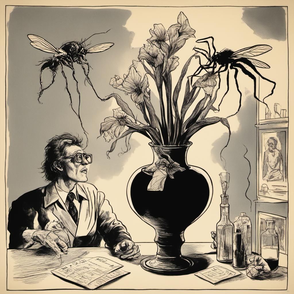 Iris and Lillies in a vase: Retro 70s uk telethon with hazy overhead studio lights; meta ...