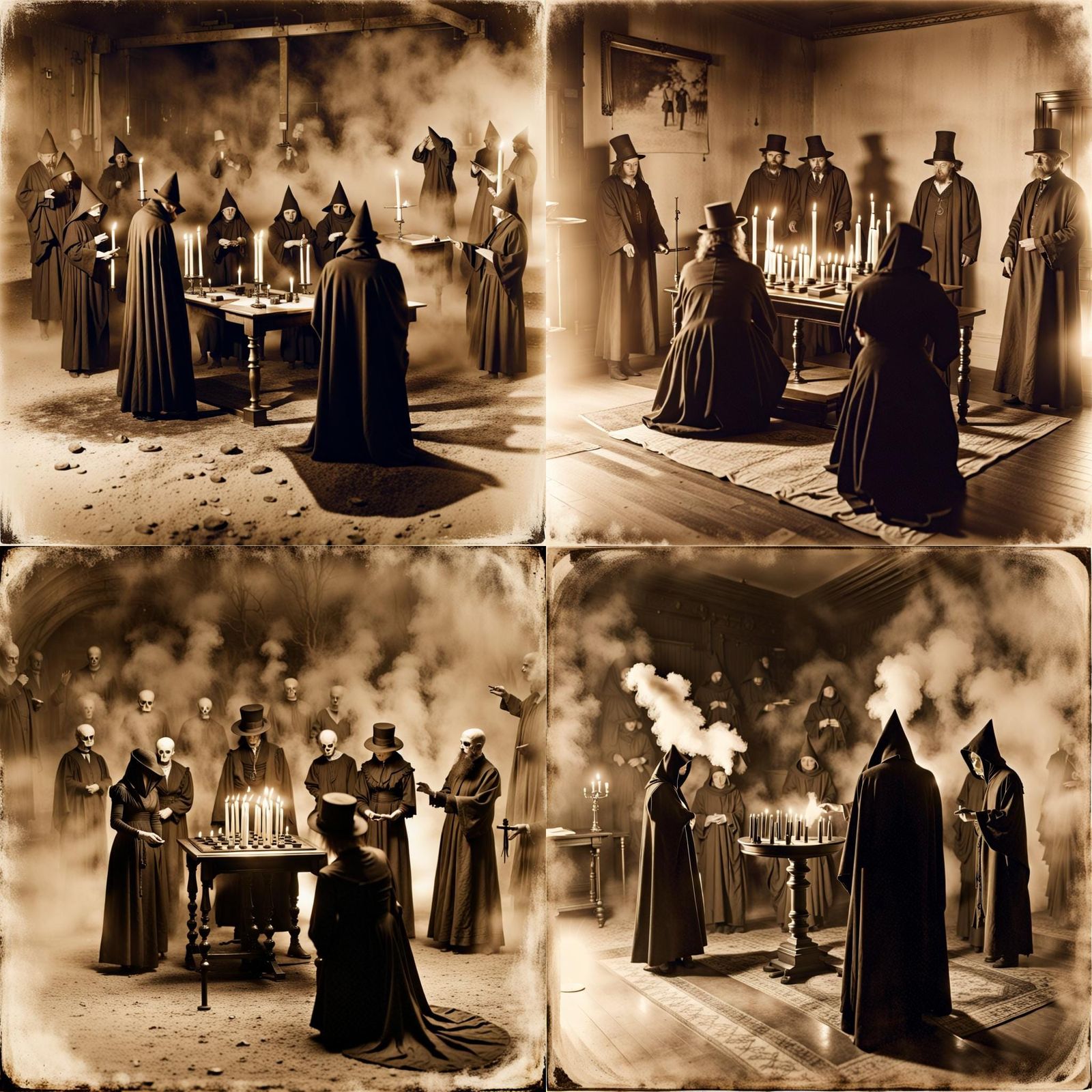 photograph of a victorian group of occultists engaging in a dark ritual ...