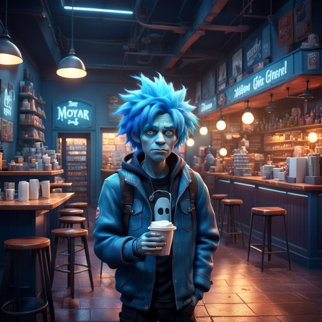 A middle aged punk ghost who has blue hair inside a cafe bookstore on a ...