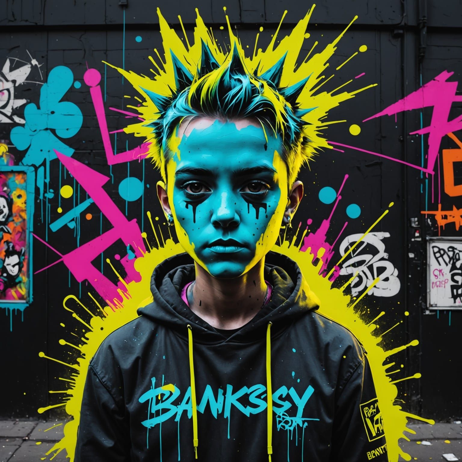 Neon mohawk,inspired by the street art of Banksy, with abold black and ...