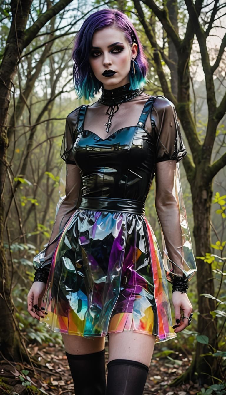 alt / goth girl is wearing a dress made of transparent, colorful plastic