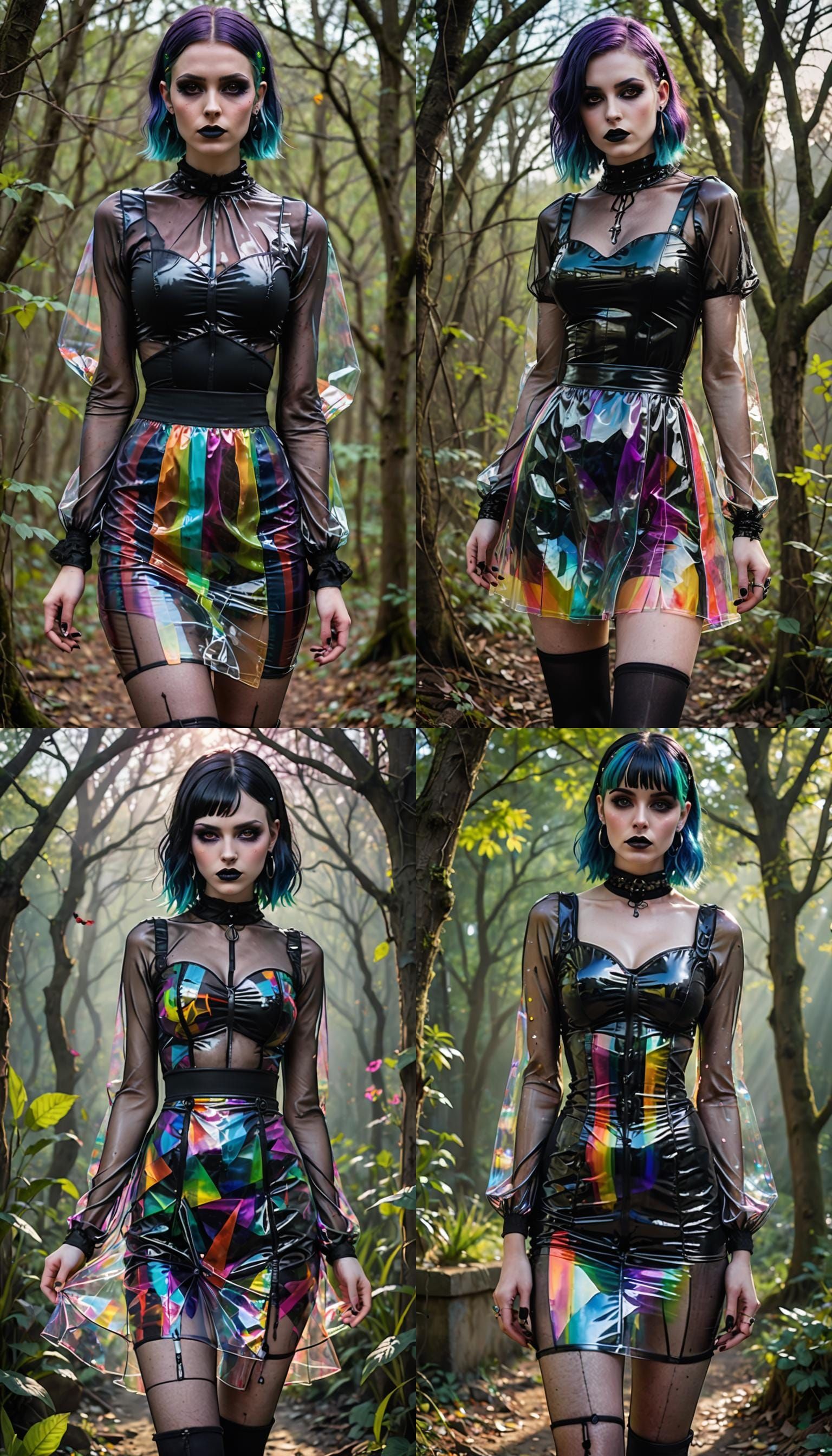 alt / goth girl is wearing a dress made of transparent, colorful ...