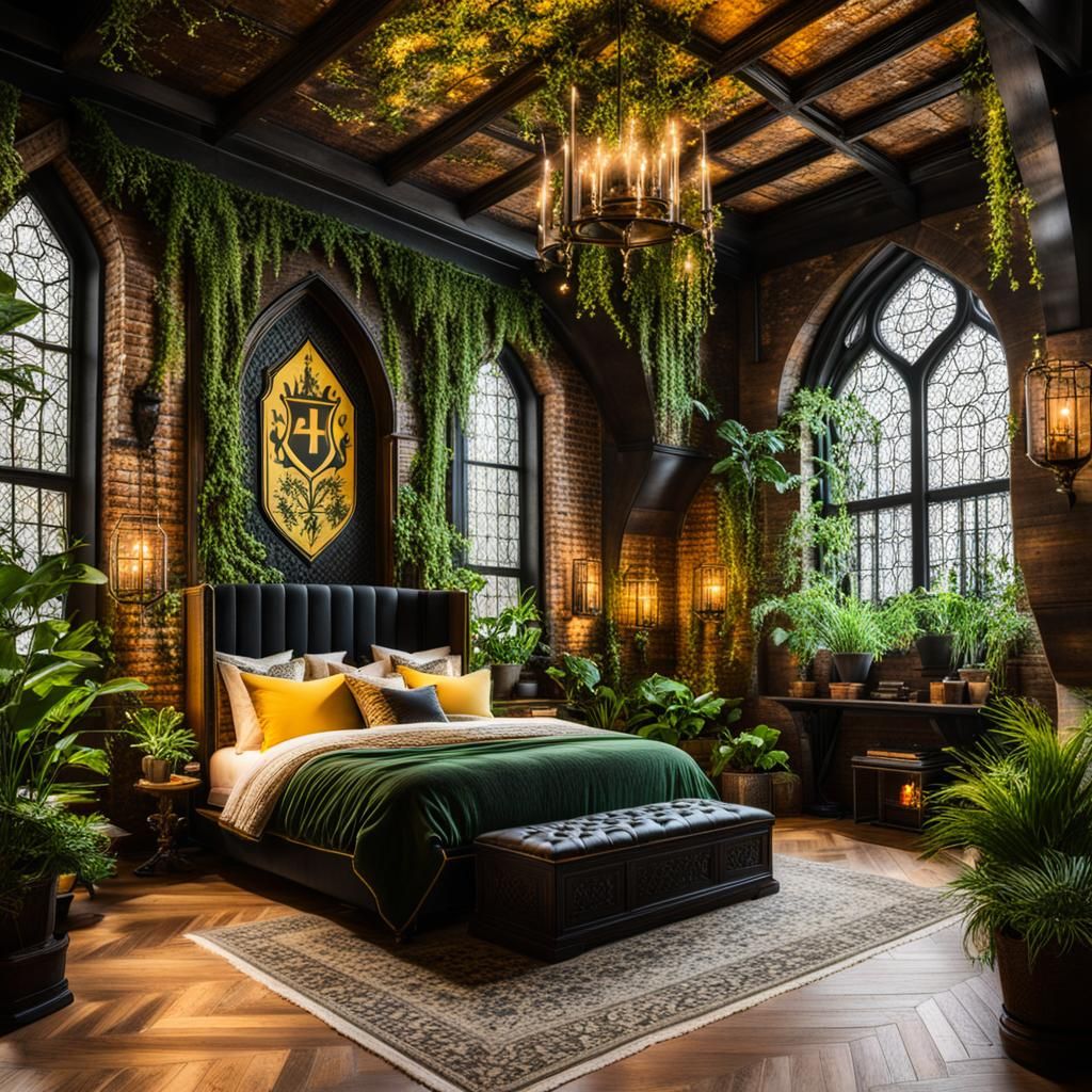 Hufflepuff inspired castle bedroom with hints of green. - AI Generated ...