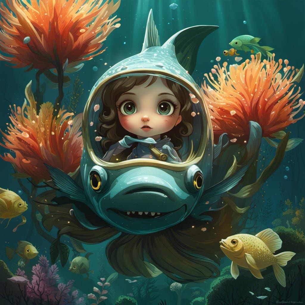 underwater lilys adorable anthropomorphic Fish, big eyes, detailed ...