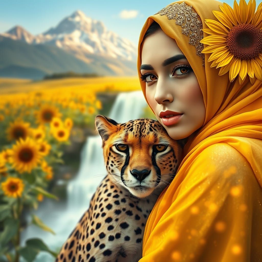 A beautiful young hijab Persian woman cheetah at sunflower field.