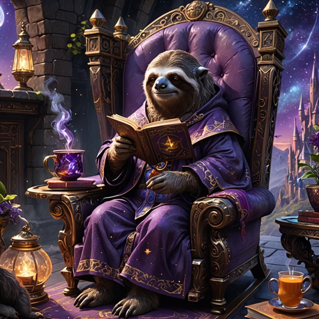 A wizard sloth sitting on a purple rocking chair - AI Generated Artwork ...