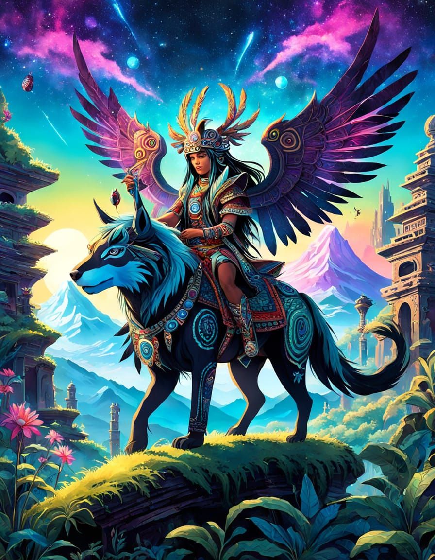 Mystical Aztec Shaman Rides Holy Animal Through En... - AI Art