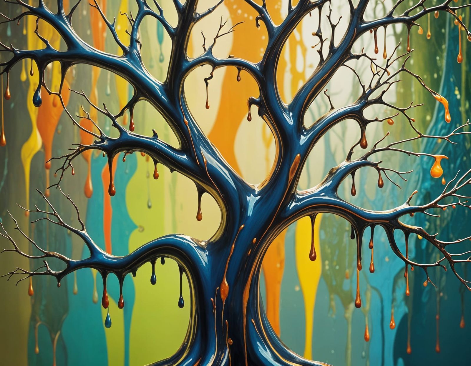 the painted tree - Vibrant Dripped Paint Forms Ethereal Tree...