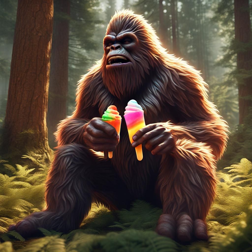 Sasquatch eating a Popsicle in the forest, 64k resolution, a ...