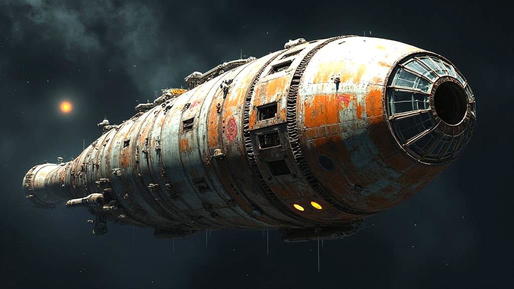 A lone, rusty spaceship drifts silently through the inky blackness of ...