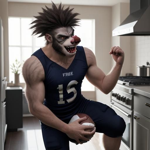 A male werewolf dressed as a football player in a residential kitchen ...