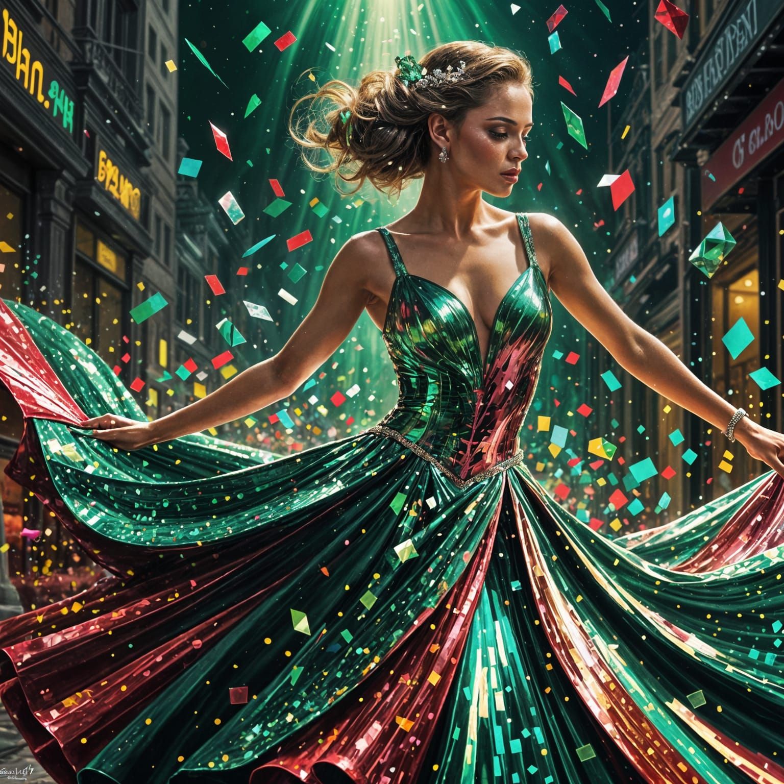 A dynamic dancer. - Vibrant Ballerina in Emerald and Ruby Se...