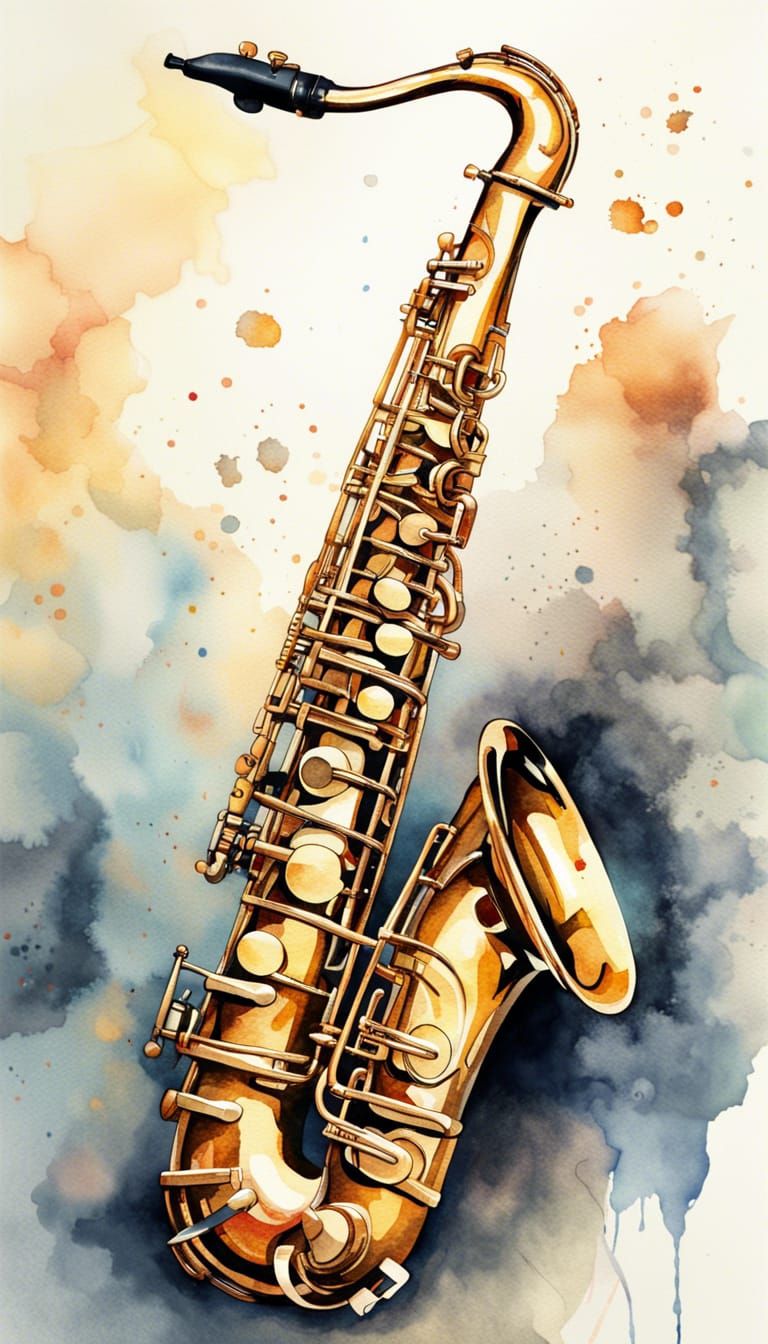 super cool saxaphone; hyperrealistic watercolour art; 24k resolution ...