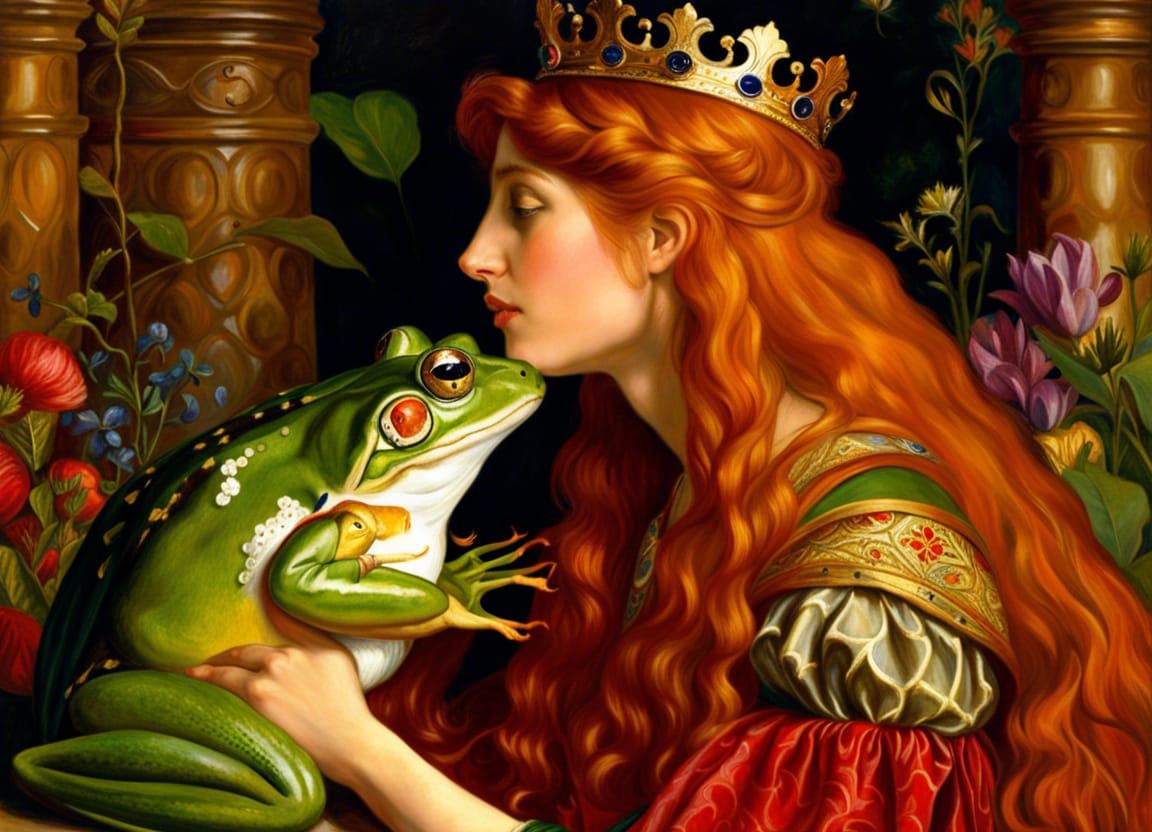 a frog prince embraces a princess waiting for the kiss, kiss that frog ...