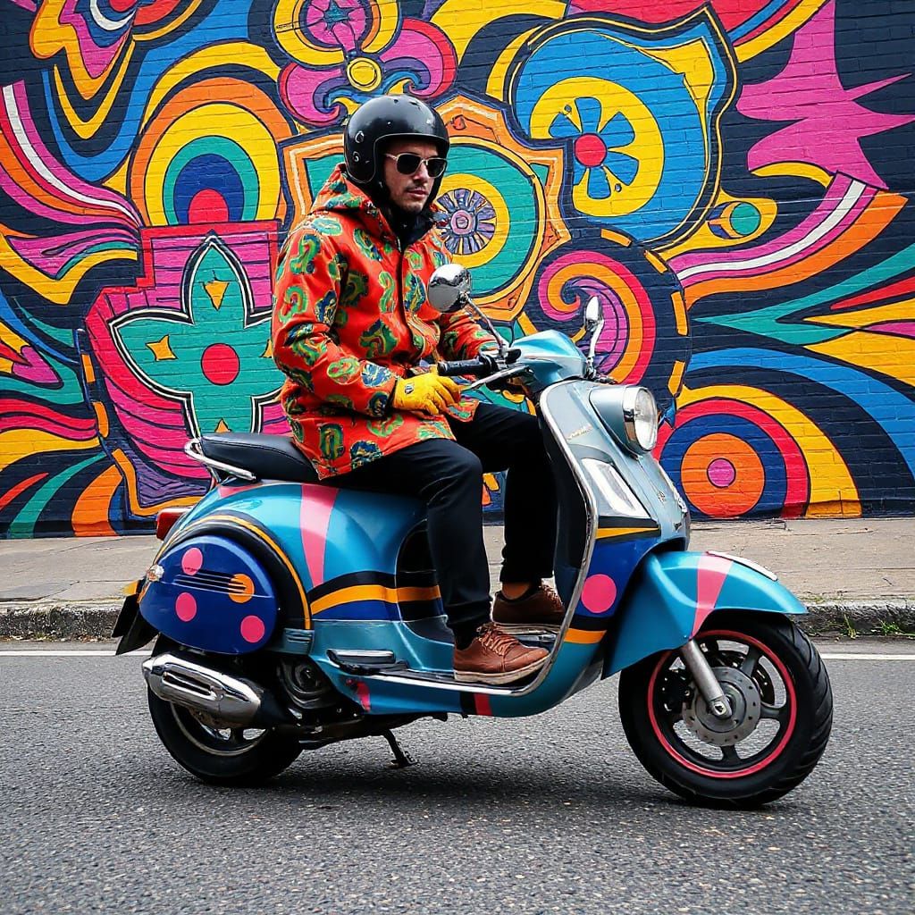 Mod wearing a parka on a mod scooter wrapped in "blink and you'll miss ...