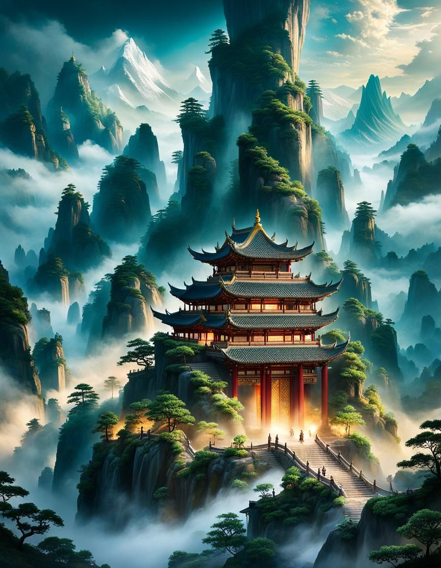 In the ancient Chinese fantasy realm, mist-clad mountains cradled jade ...