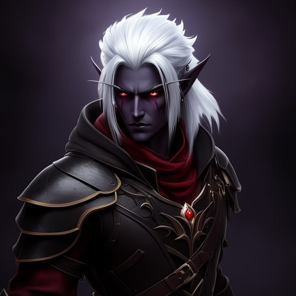 Stealthy Drow Elf Rogue in Ebony and Ruby Attire - AI Art