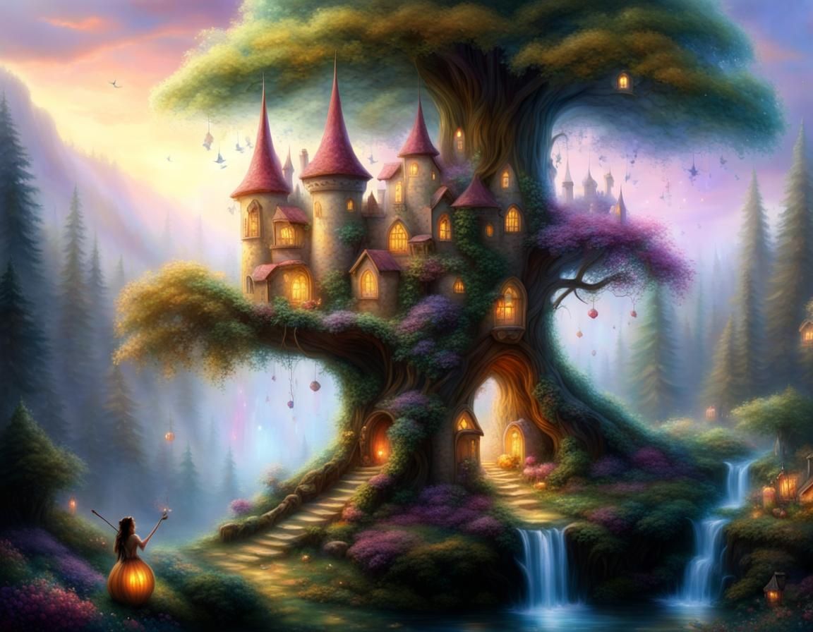 Fairy village around the trunk of a tree, a fairy castle nearby ...