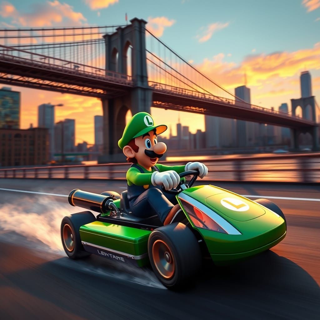 Luigi Kart Race Over Brooklyn Bridge at Sunset - AI Art