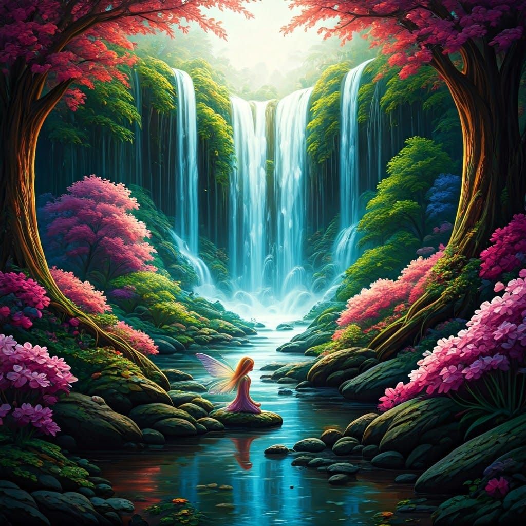 Impasto Cascade Hallucination, Fairy, flowers, trees, iridescent, creek ...