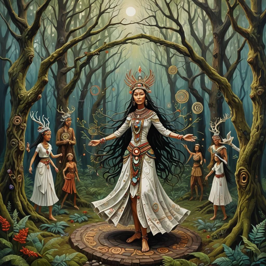 Magical Tribal Priestess CIRCLE, Perfect ultradetailed Forest-RITUAL ...