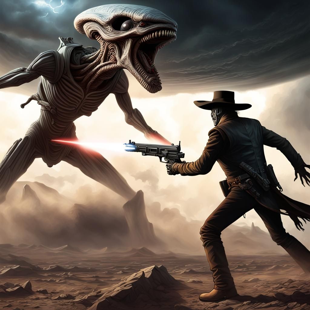 Alien Western style Gunfighter Battling a Malevolent Extraterrestrial ...