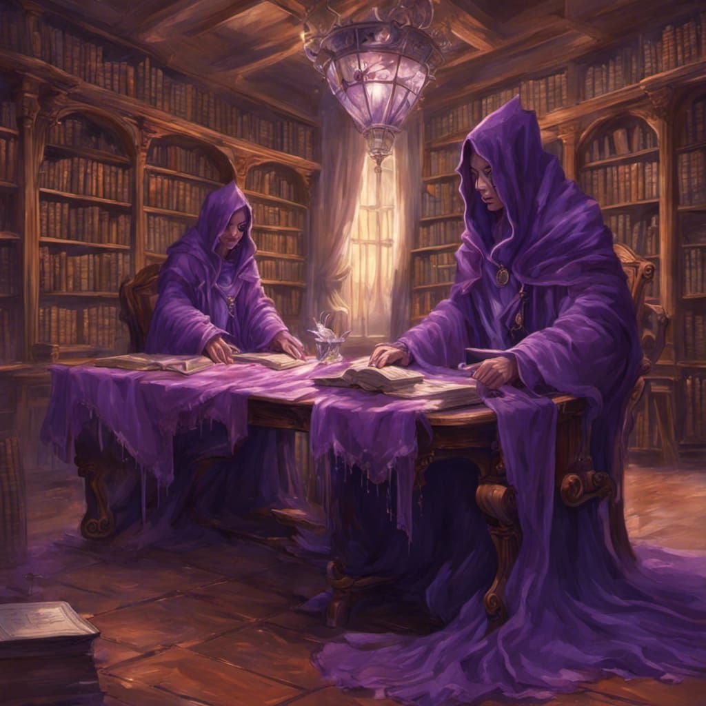 purple cloaks around a table in library fantasy art - AI Generated ...