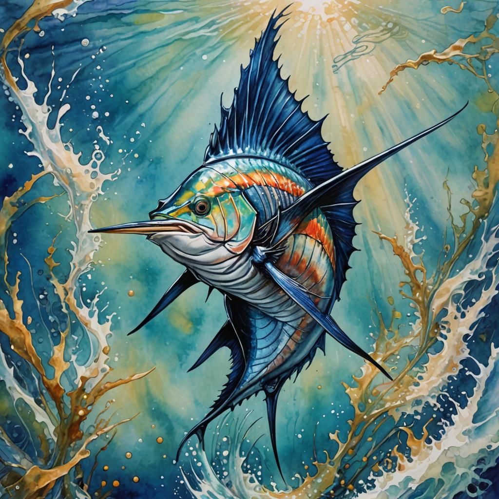 Portrait, (majestic-hyperdetailed JUMPING Sailfish:3) (SPARKLING-OCEAN ...