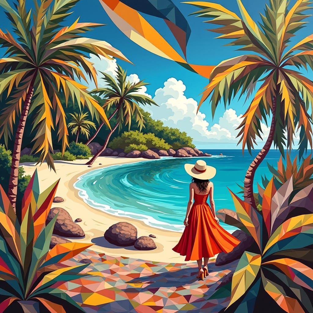 Dynamic Tropical Beach Scene in Neo-Cubist Oil Pai... - AI Art