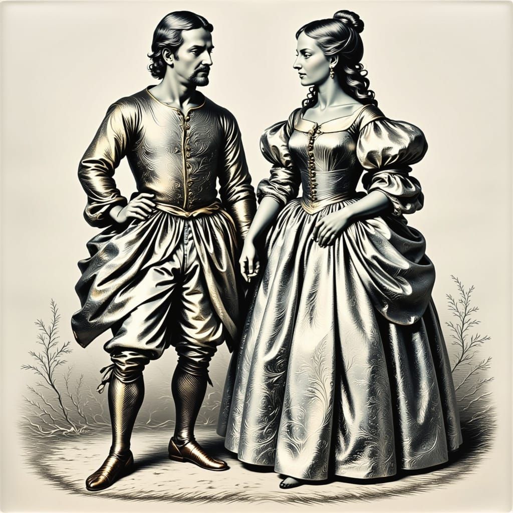 Embossed print of a common man and woman's attire of the 17th century ...