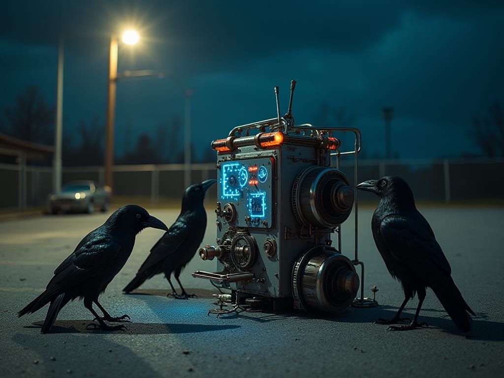 Crows Gather Around Futuristic Device in Deserted ... - AI Art