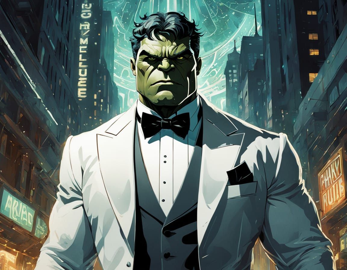 Gray Hulk from Marvel Comics wearing white tuxedo with black bowtie