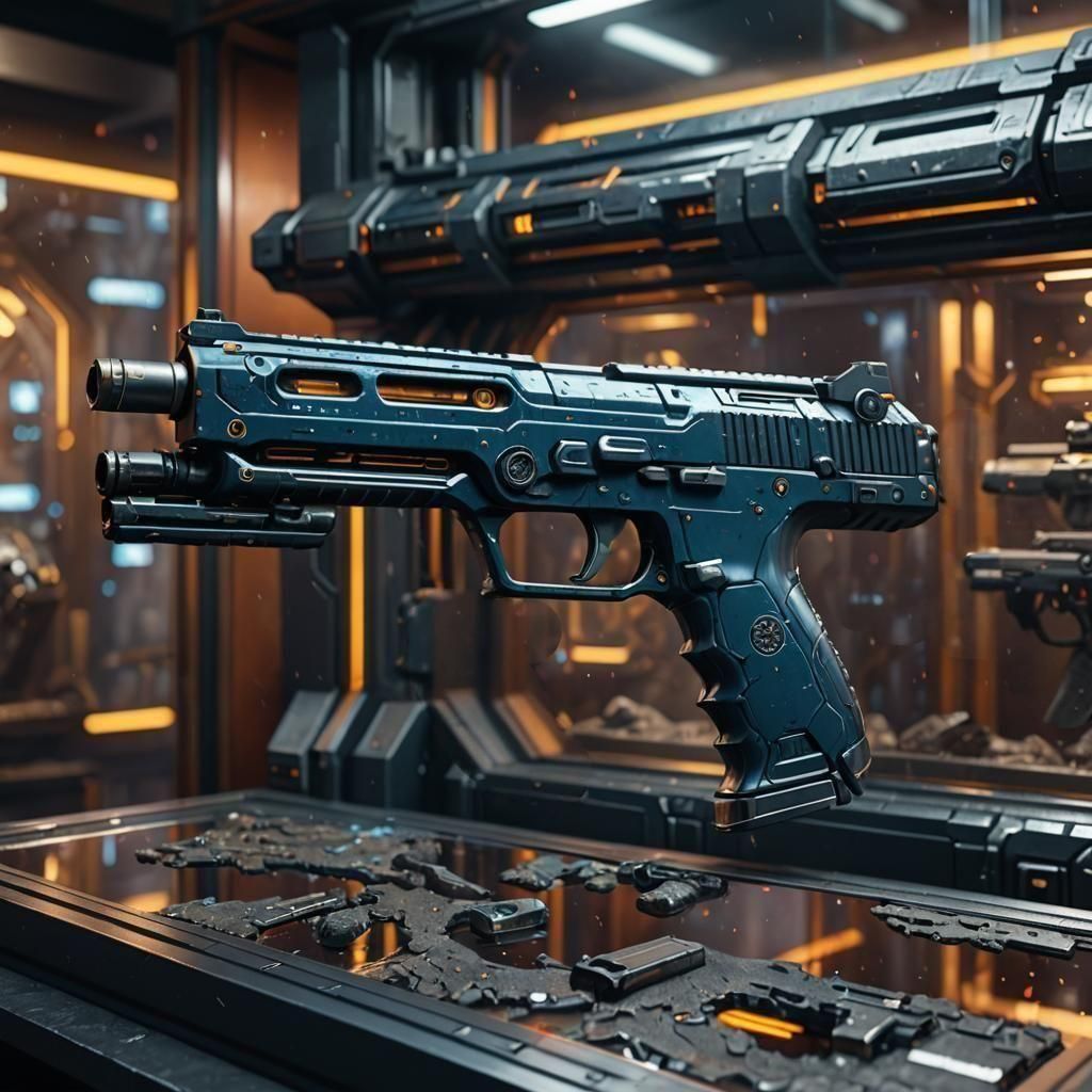 A science fiction firearm lying in a display case. - AI Generated Artwork - NightCafe Creator