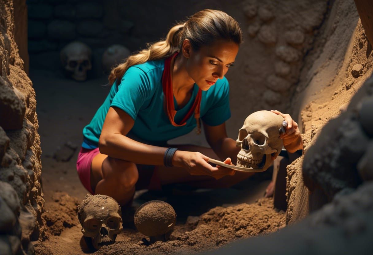 beautiful female archaeologist in a colorful t-shirt and wearing shorts ...