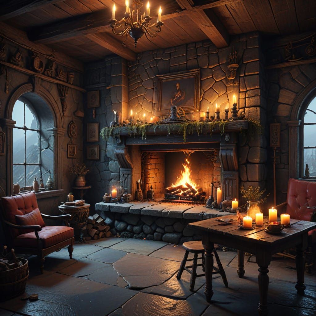 Mystical Stone Castle Study in Warm, Golden Light - AI Art