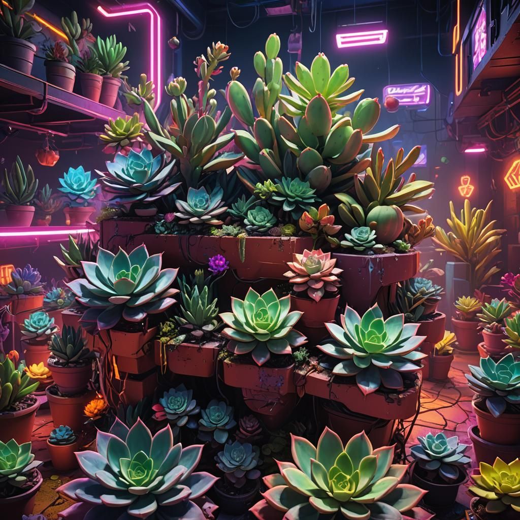 Neon Succulents in a Club - AI Generated Artwork - NightCafe Creator