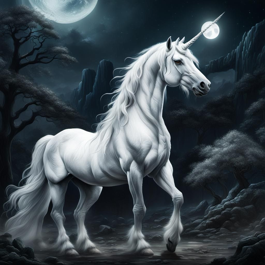 A White Unicorn with A Silver Mane at night Epic cinematic brilliant ...