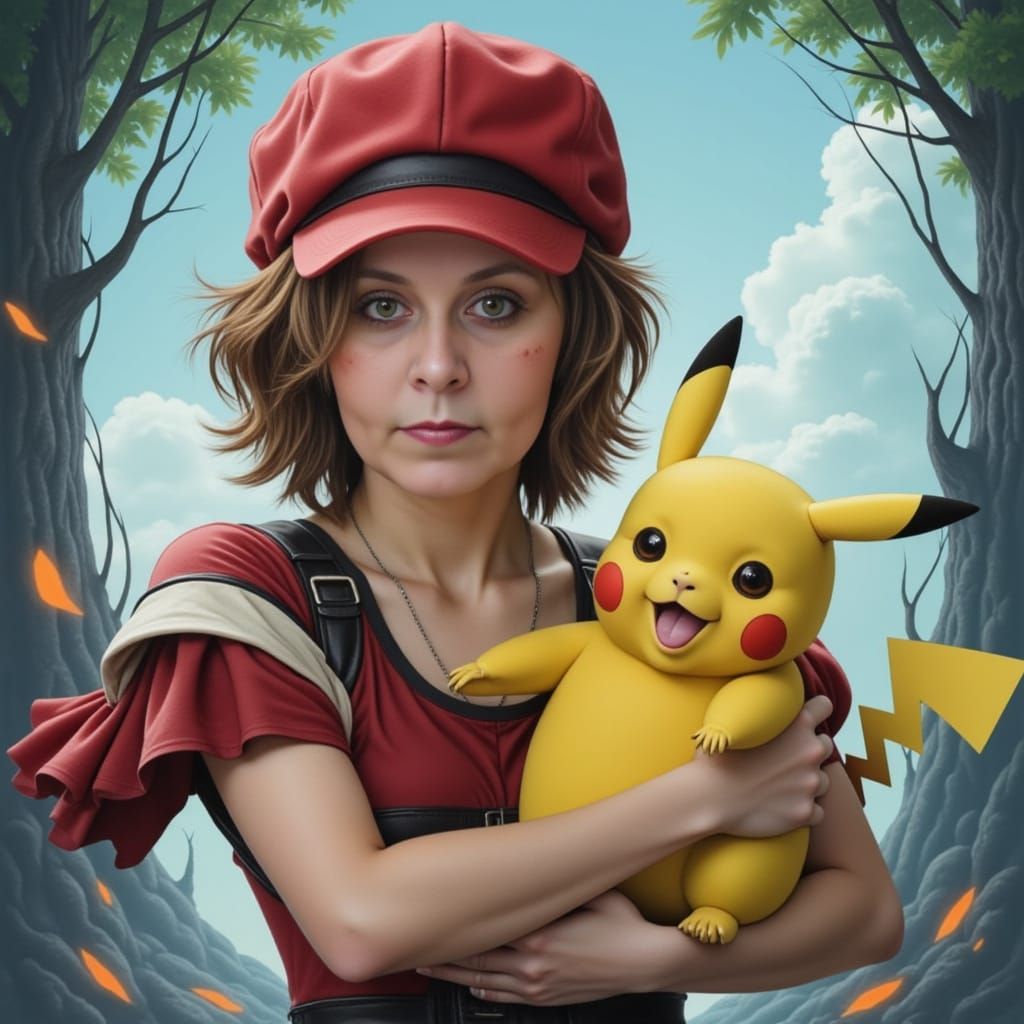 CJ with her pokémon pikachu get ready for an epic battle, hyperrealistic