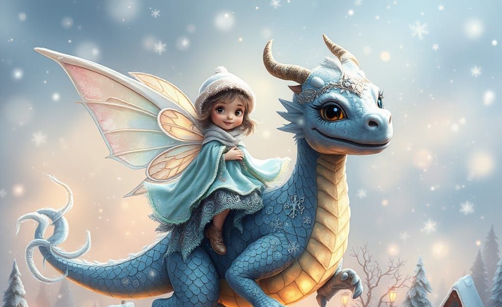 Winter Ride - Whimsical Fairy Rides Majestic Winter Dragon O...