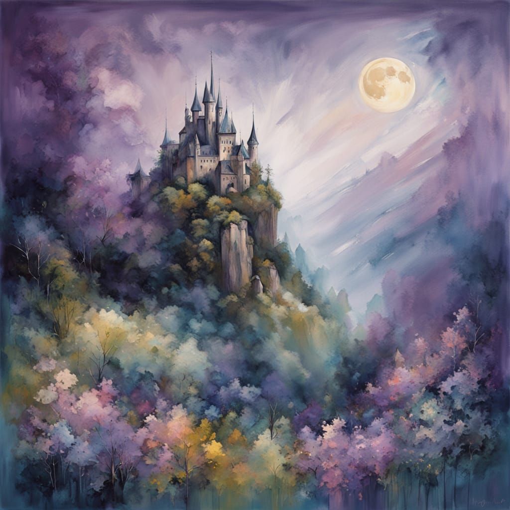 Enchanted Fortress with Carved Turrets and Lush Fo... - AI Art