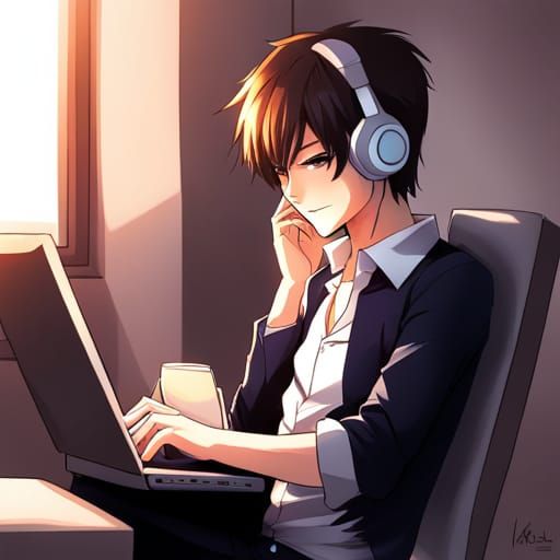 guy on computer with headphones on by artist "anime", Anime Key Visual ...