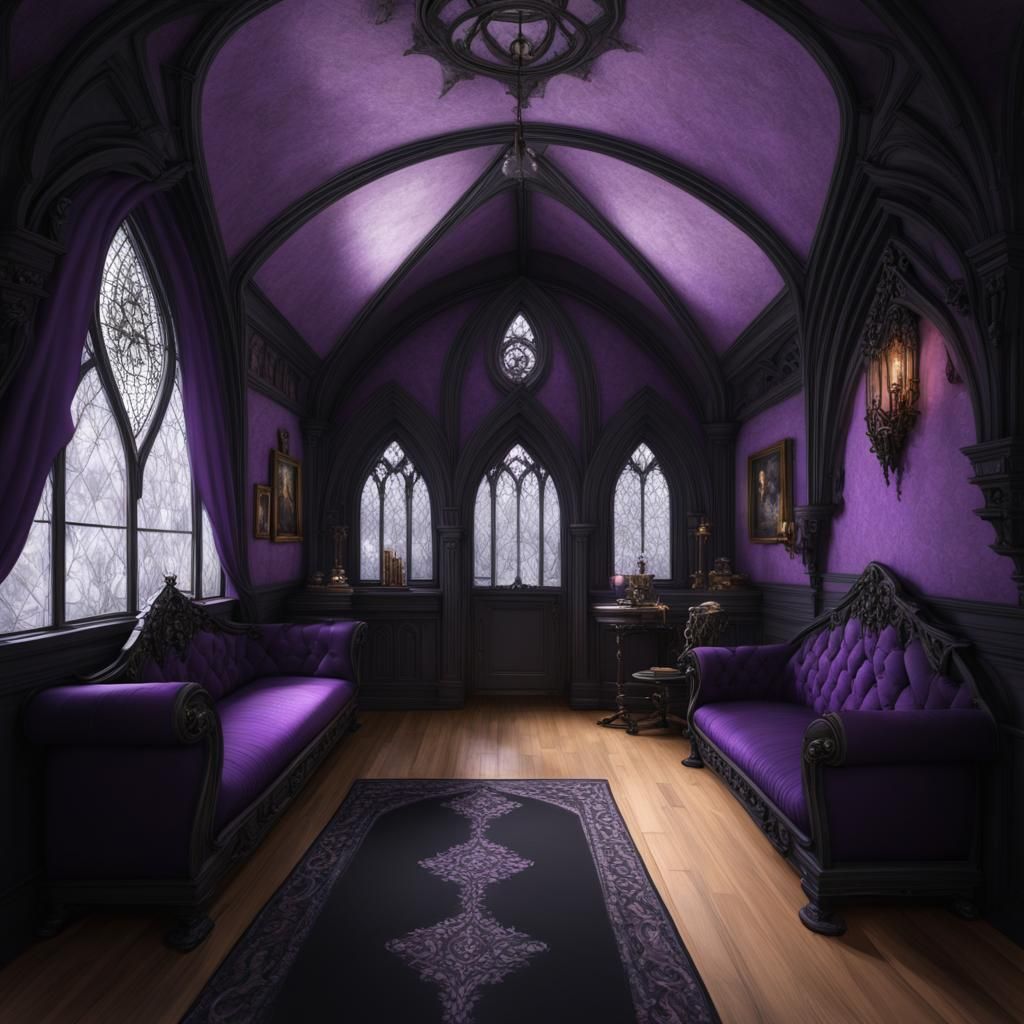 Inside a tiny Gothic house that is spacious and comfortable with purple ...